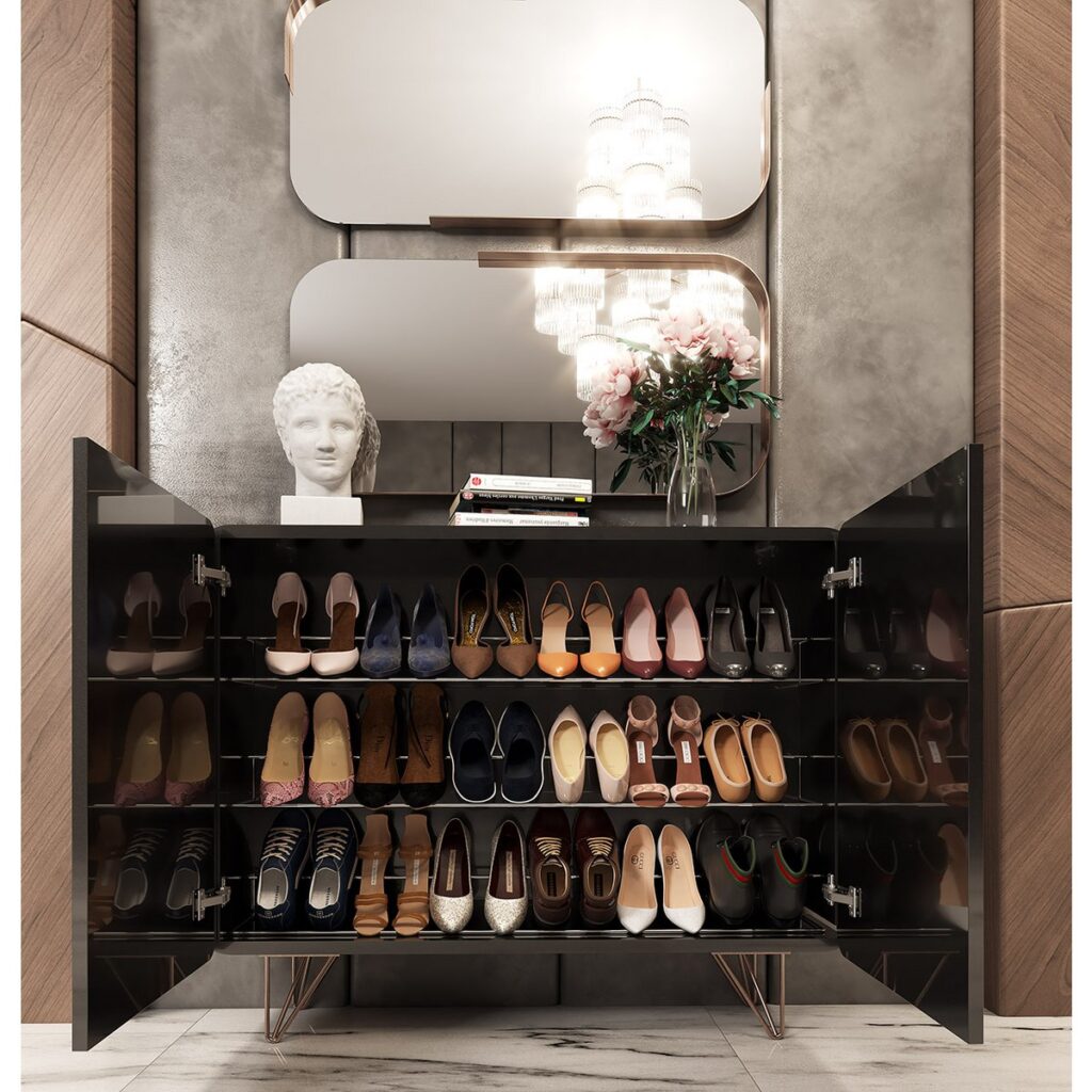 Pantofar negru/auriu din MDF si metal h100 cm Atlas